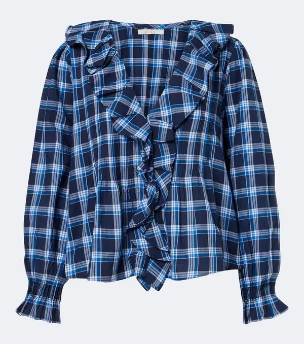DÔEN Hardy Plaid Ruffled Cotton Blouse