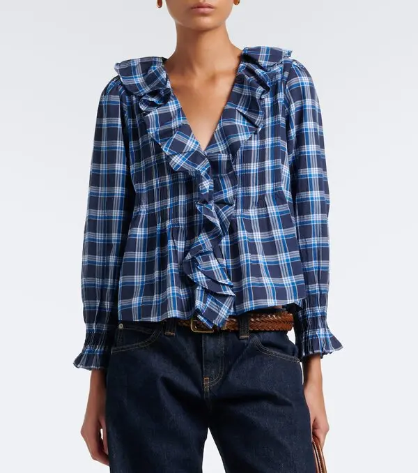 DÔEN Hardy Plaid Ruffled Cotton Blouse
