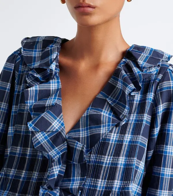 DÔEN Hardy Plaid Ruffled Cotton Blouse