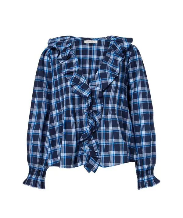 DÔEN Hardy Plaid Ruffled Cotton Blouse - Blue