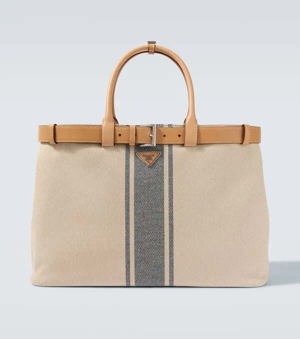 Prada Buckle Leather-trimmed Canvas Tote Bag - Beige