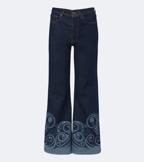 La DoubleJ Cropped Printed Flared Jeans - Blue