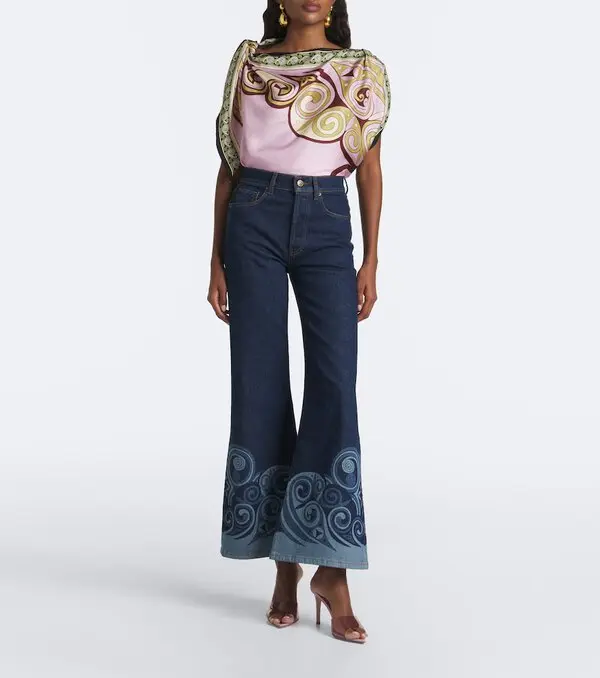 La DoubleJ Cropped Printed Flared Jeans