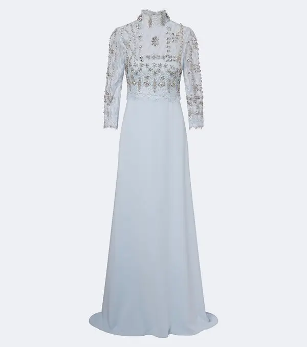 Costarellos Brona Embellished Lace-paneled Crêpe Gown