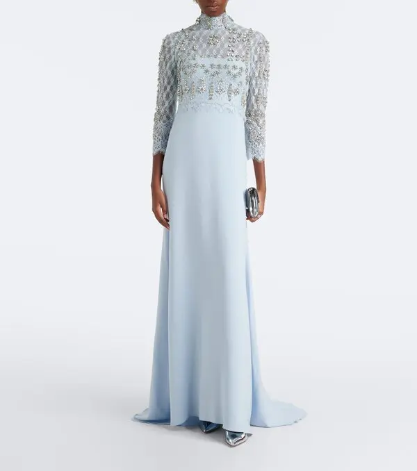Costarellos Brona Embellished Lace-paneled Crêpe Gown