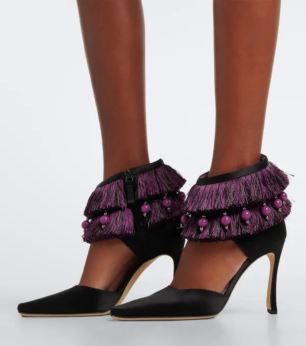 Manolo Blahnik Sorolla Embellished Fringed Satin Pumps