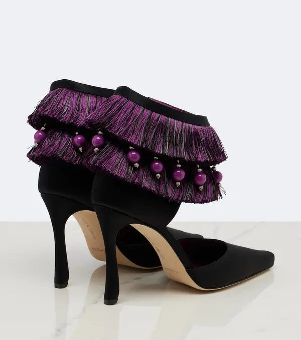 Manolo Blahnik Sorolla Embellished Fringed Satin Pumps