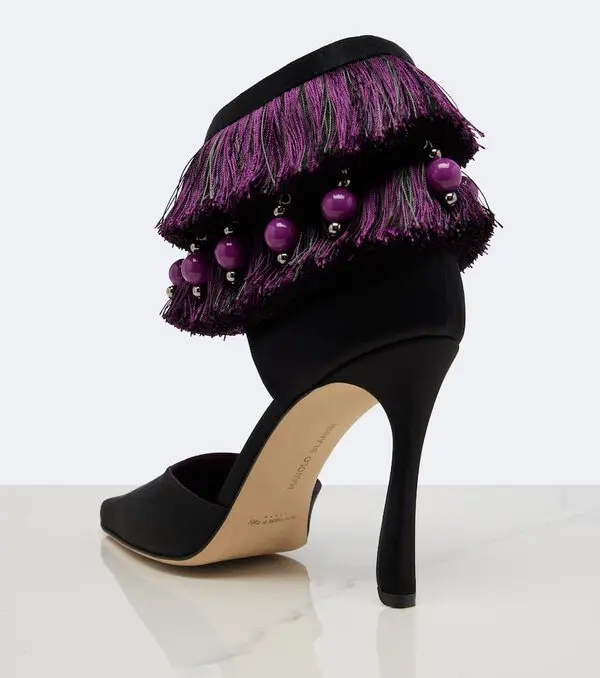 Manolo Blahnik Sorolla Embellished Fringed Satin Pumps