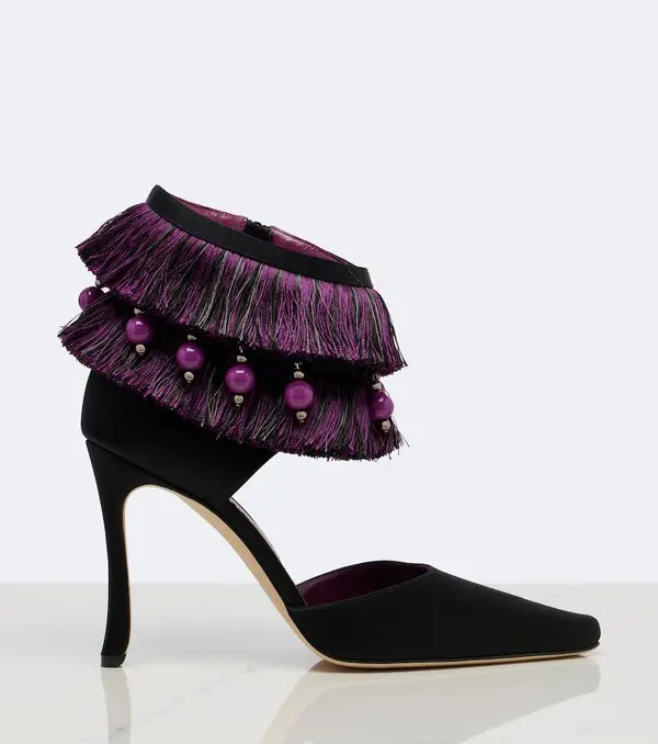 Manolo Blahnik Sorolla Embellished Fringed Satin Pumps