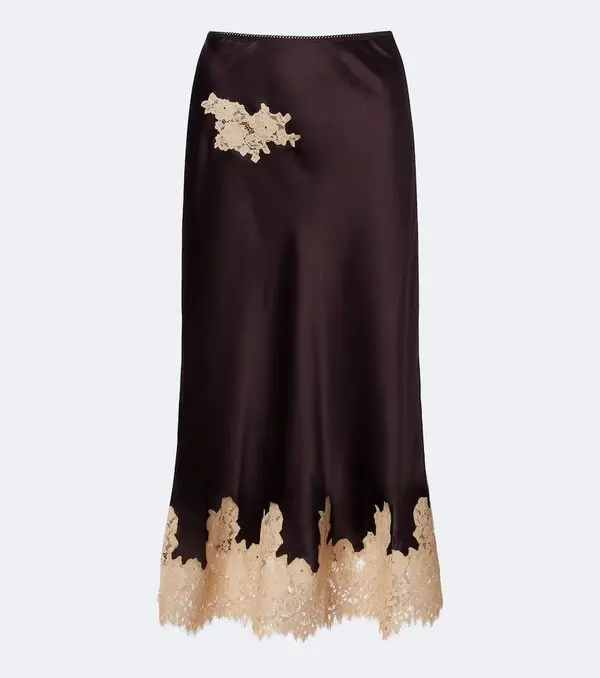 DÔEN Elowen Lace-trimmed Silk Satin Midi Skirt - Brown