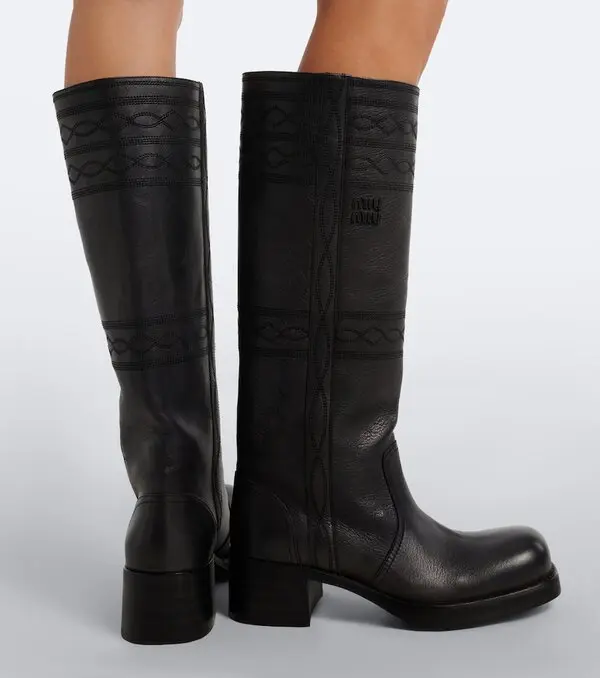 Miu Miu Embroidered Leather Knee-high Boots - Black