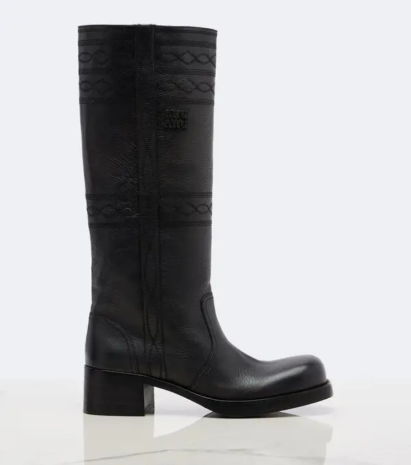 Miu Miu Embroidered Leather Knee-high Boots - Black
