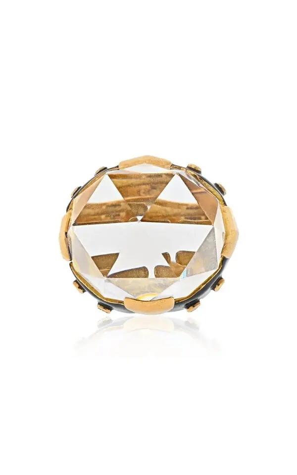 THE BACK VAULT David Webb Platinum & 18k Yellow Rock Crystal Black Enamel Diamond Ring