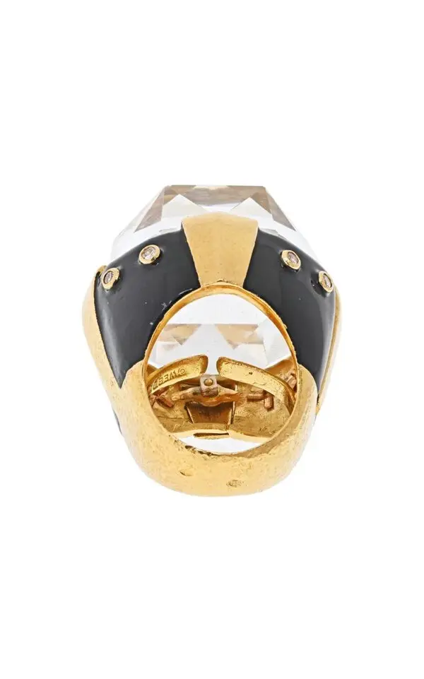 THE BACK VAULT David Webb Platinum & 18k Yellow Rock Crystal Black Enamel Diamond Ring