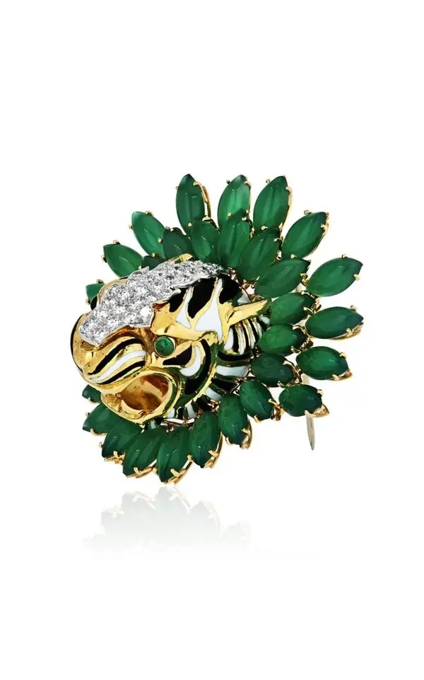 THE BACK VAULT David Webb Tiger Platinum & 18k Yellow Diamond And Chrysoprase Brooch
