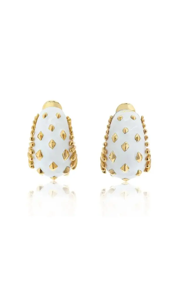 THE BACK VAULT David Webb Bombe Platinum & 18k Yellow Lozenge Detail White Enamel Clip On Earrings - Gold