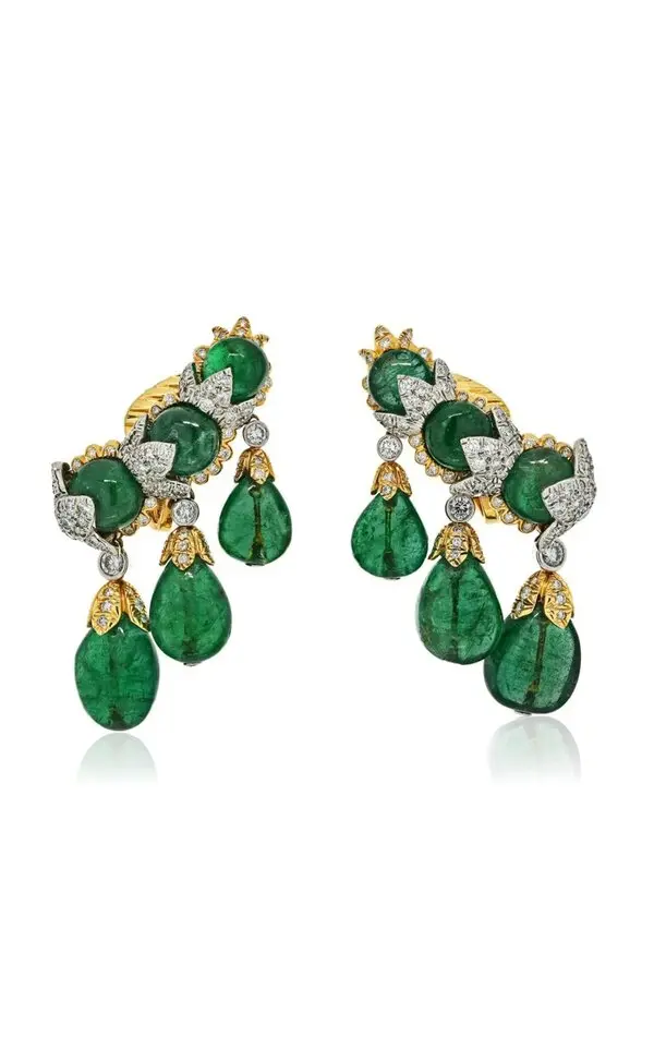 THE BACK VAULT David Webb Smooth Briolette Cut Green Emerald Cascading Diamond Earrings