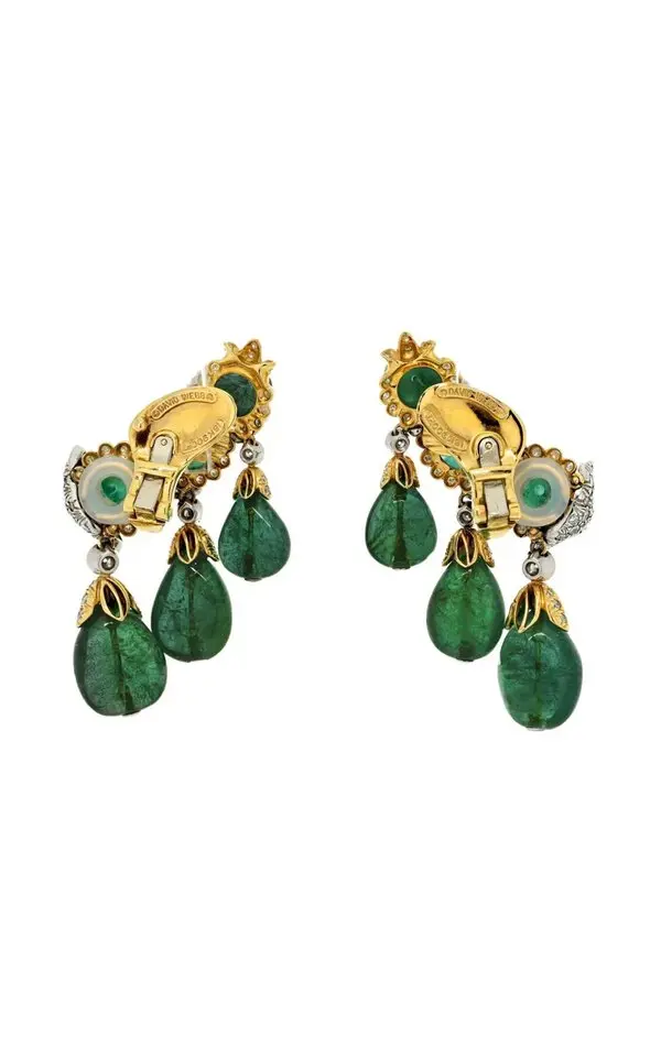 THE BACK VAULT David Webb Smooth Briolette Cut Green Emerald Cascading Diamond Earrings