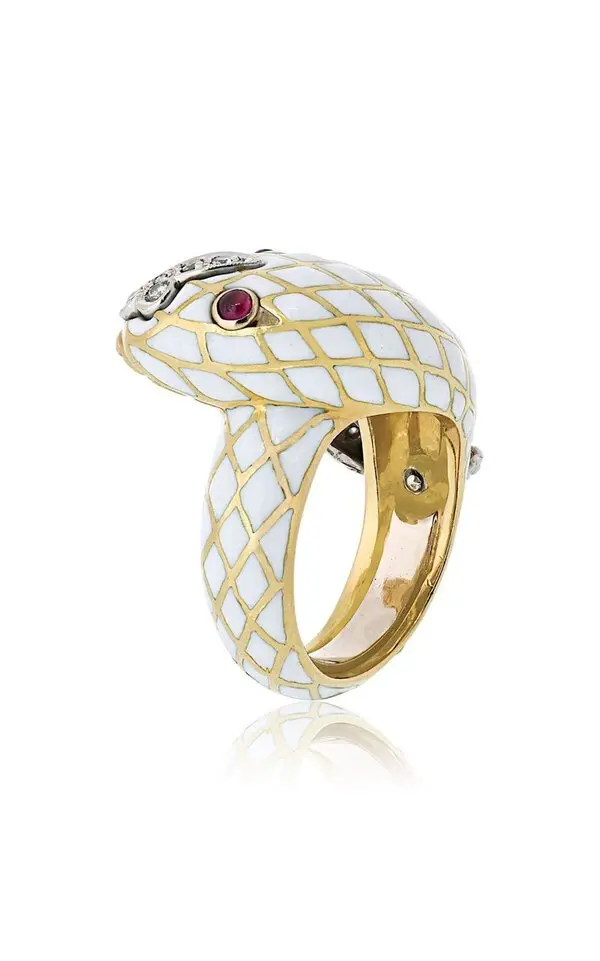 THE BACK VAULT David Webb 18k Yellow Snake Serpent White Enamel Ruby And Diamonds Ring