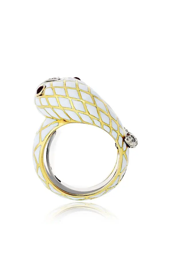 THE BACK VAULT David Webb 18k Yellow Snake Serpent White Enamel Ruby And Diamonds Ring