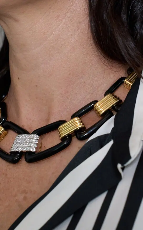 THE BACK VAULT David Webb 18k Yellow Black Enamel Large Link Stations Necklace