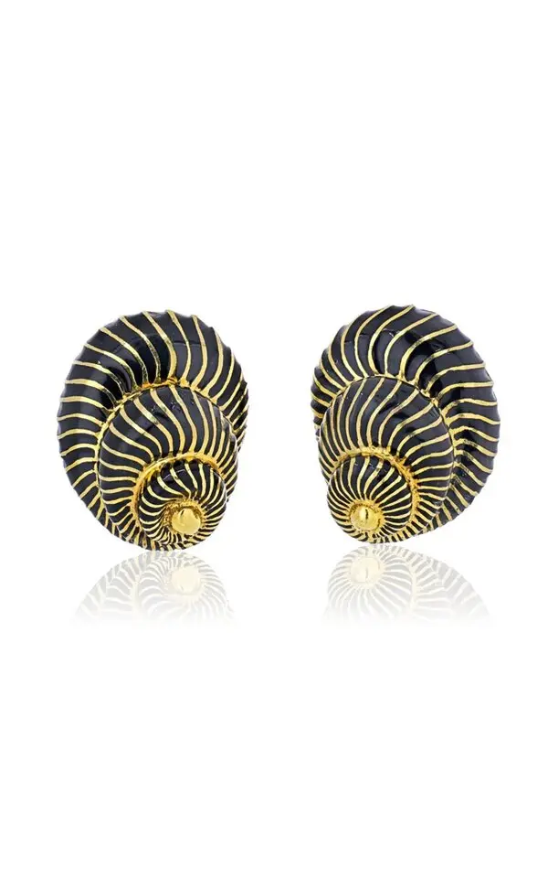 THE BACK VAULT David Webb Platinum & 18k Yellow Black Enamel Seashell Earrings