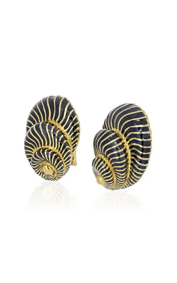 THE BACK VAULT David Webb Platinum & 18k Yellow Black Enamel Seashell Earrings