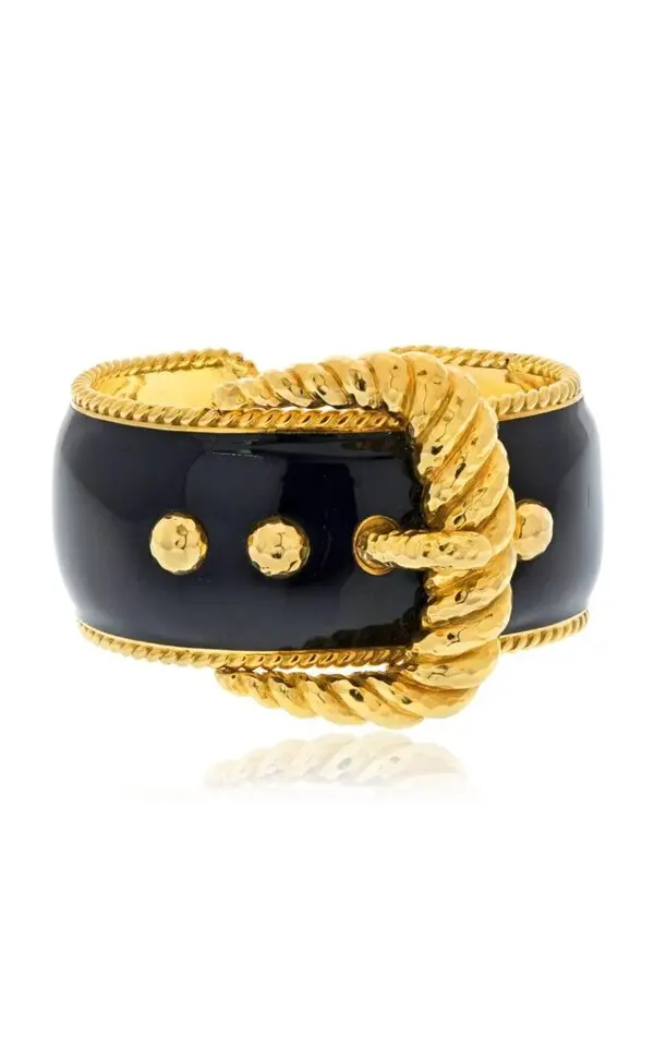 THE BACK VAULT David Webb Platinum & 18k Yellow Gold Enamel Belt Motif Cuff Bracelet - Black