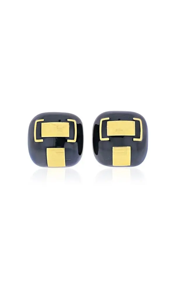THE BACK VAULT David Webb Platinum & 18k Yellow Black Enamel Cushion Clip-on Earrings - Gold
