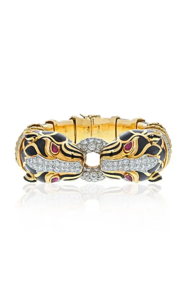 THE BACK VAULT David Webb Platinum & 18k Yellow Black Enamel Double Head Lion Bracelet - Gold