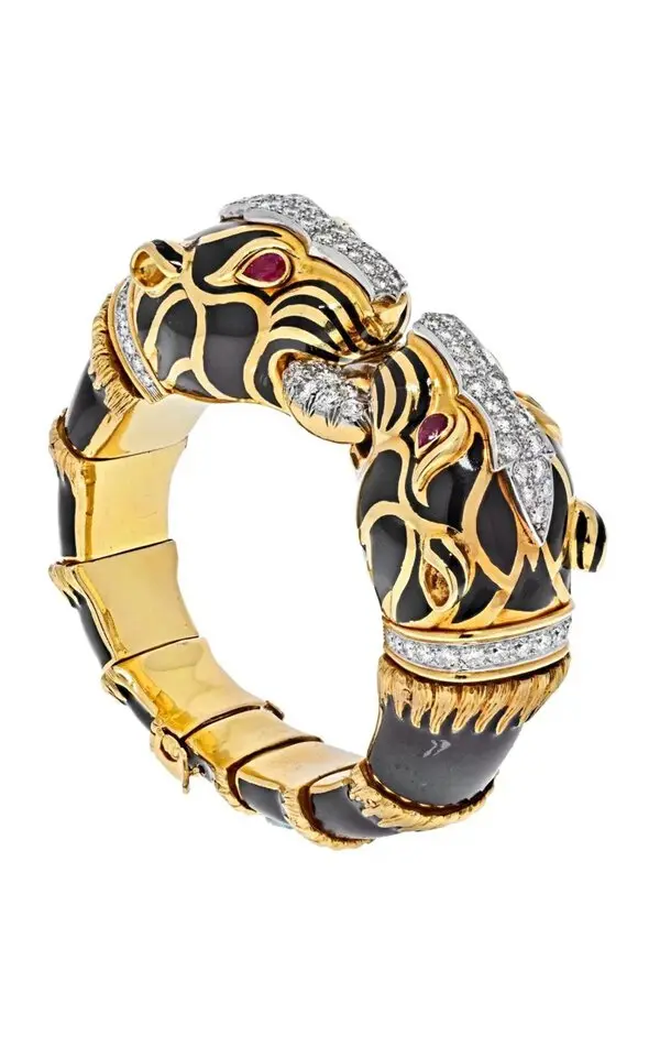 THE BACK VAULT David Webb Platinum & 18k Yellow Black Enamel Double Head Lion Bracelet