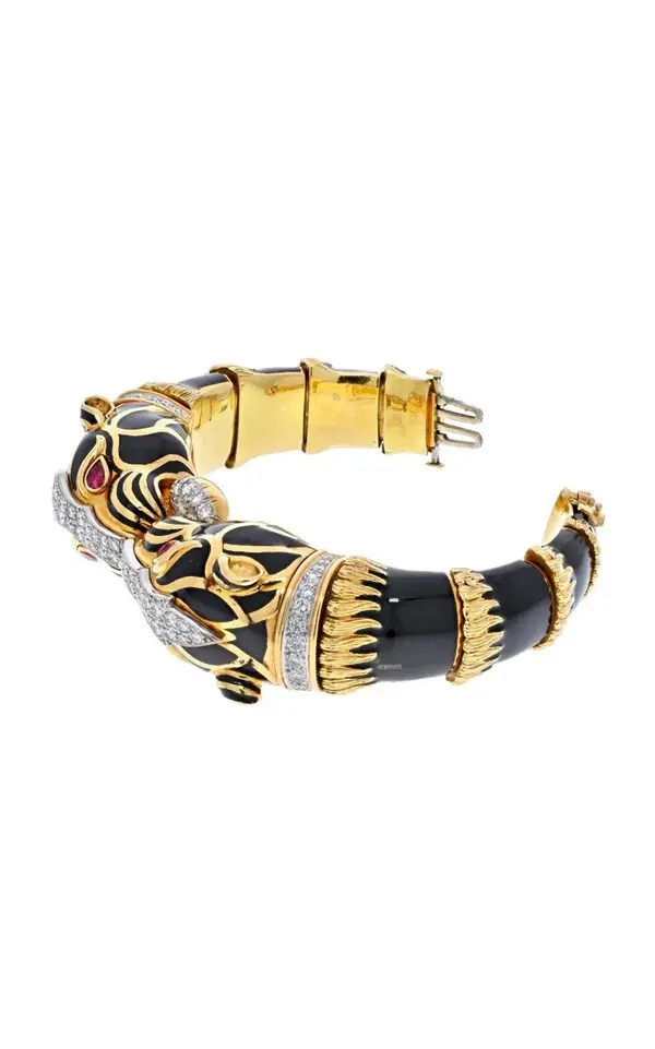 THE BACK VAULT David Webb Platinum & 18k Yellow Black Enamel Double Head Lion Bracelet