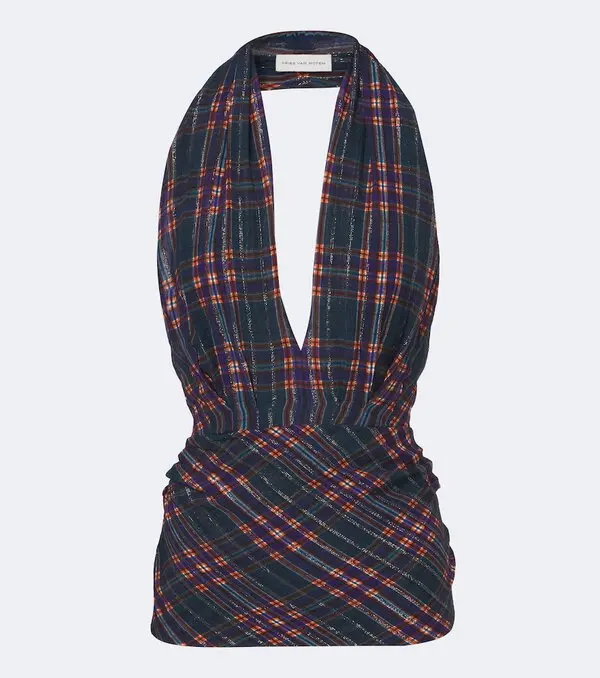 Dries Van Noten Plaid Lamé Halterneck Top