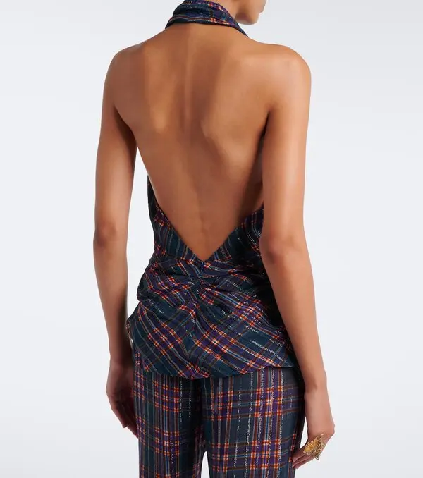Dries Van Noten Plaid Lamé Halterneck Top