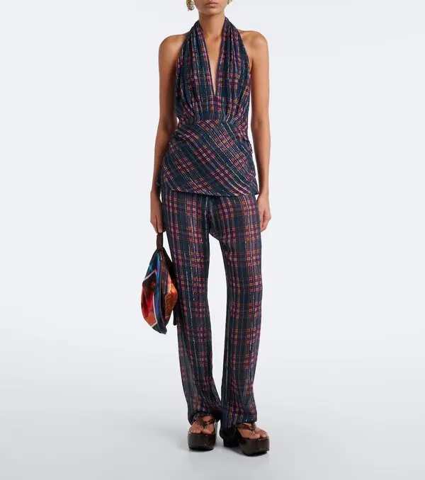 Dries Van Noten Plaid Lamé Straight Pants