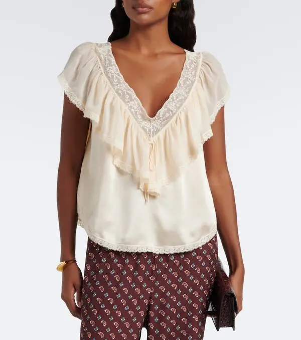 DÔEN Yadira Lace-trimmed Ruffled Silk Blouse