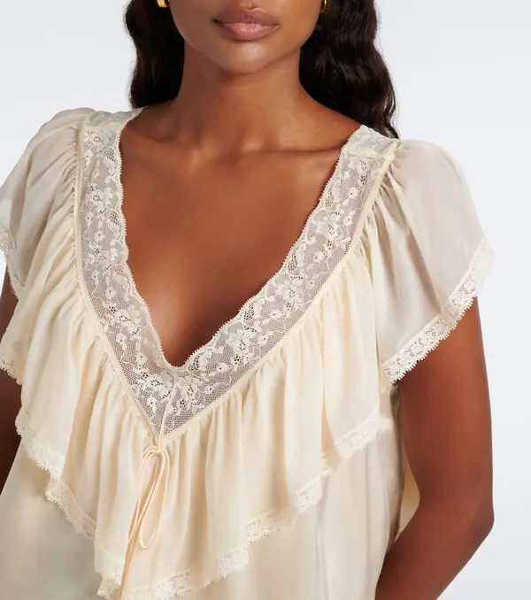 DÔEN Yadira Lace-trimmed Ruffled Silk Blouse