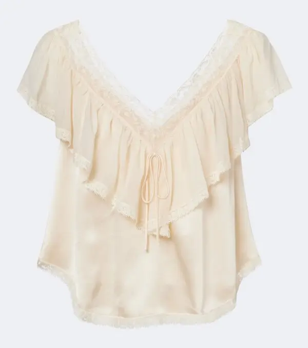 DÔEN Yadira Lace-trimmed Ruffled Silk Blouse - White