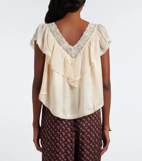 DÔEN Yadira Lace-trimmed Ruffled Silk Blouse - White