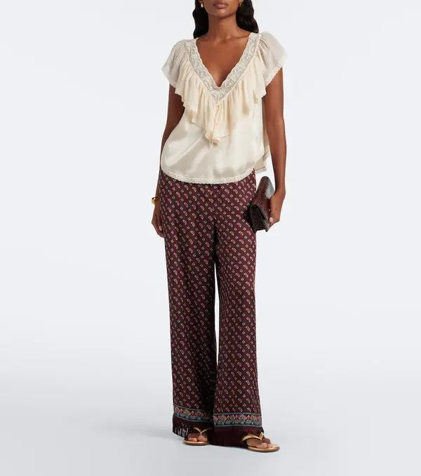 DÔEN Yadira Lace-trimmed Ruffled Silk Blouse - White