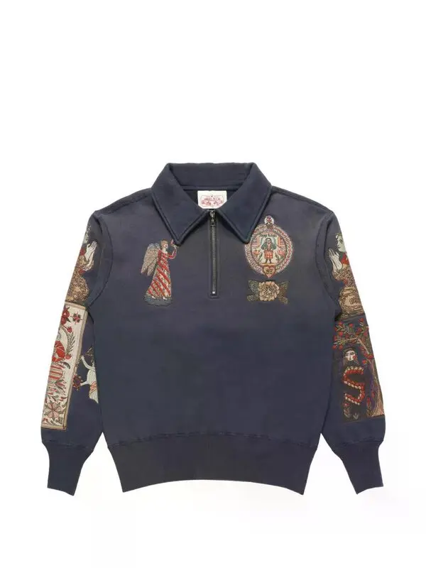 SAMUEL ZELIG Folk Embroidered Quarter-zip Sweatshirt - Blue