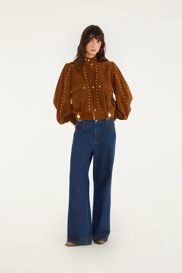 Farm Rio Riveted Buttoned Leather Jacket - Brown