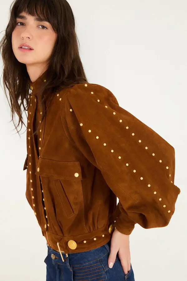 Farm Rio Riveted Buttoned Leather Jacket - Brown