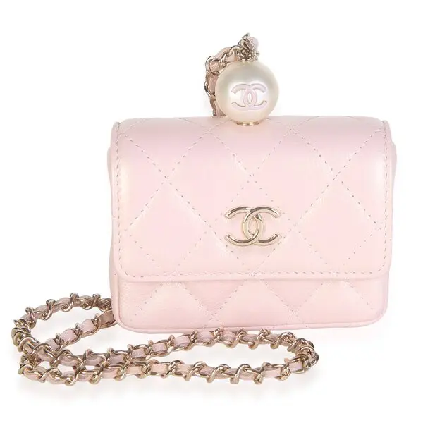 Chanel Iridescent Caviar Pearl Card Holder With Chain - Pink