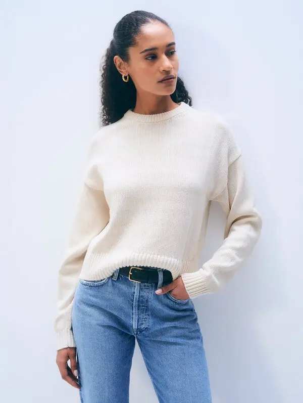 WHITE & WARREN Cotton Tape Crewneck Top In Size In Cotton/polyester - Ecru