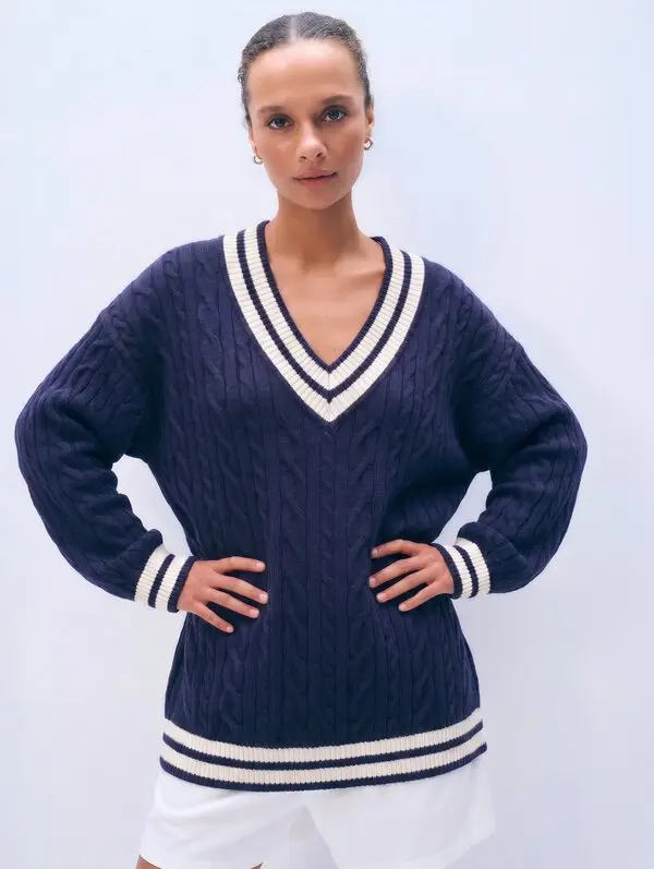 WHITE & WARREN Varsity Cotton V Neck Sweater In Size In Cotton/polyester