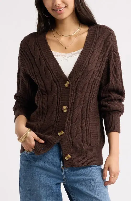 Bp. Relaxed Cable Stitch V-neck Cardigan - Brown Coffee