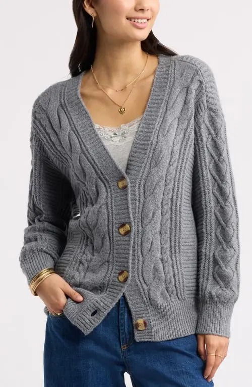 Bp. Relaxed Cable Stitch V-neck Cardigan - Grey Cloudy Heather