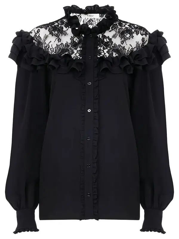 Chloé High-neck Blouse With Ruffles In Crêpe De Chine And Lace