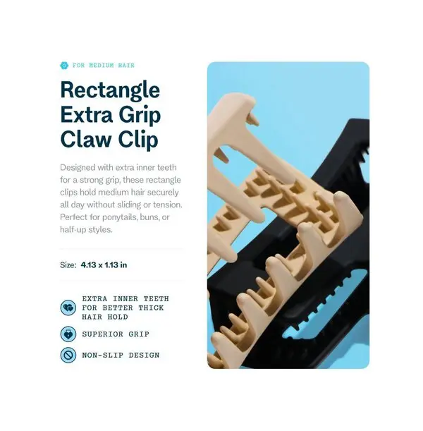 GIMME BEAUTY Rectangle Extra Grip Claw Clip Double Teeth Accessory Set Perfect For Medium Hair 2 Pack